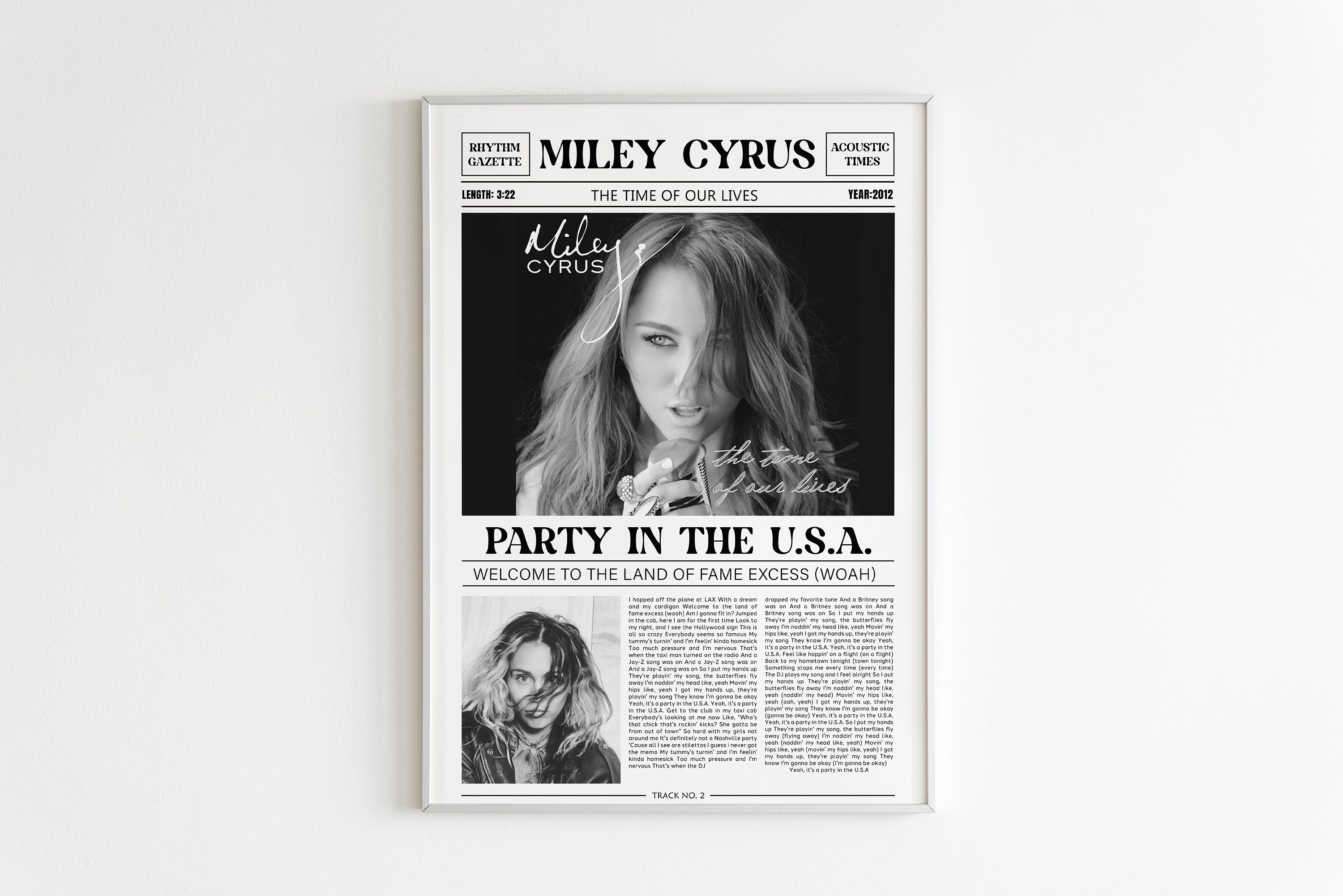 Miley Cyrus Retro Newspaper Print / Party in the U.S.A. Poster / Lyrics ...