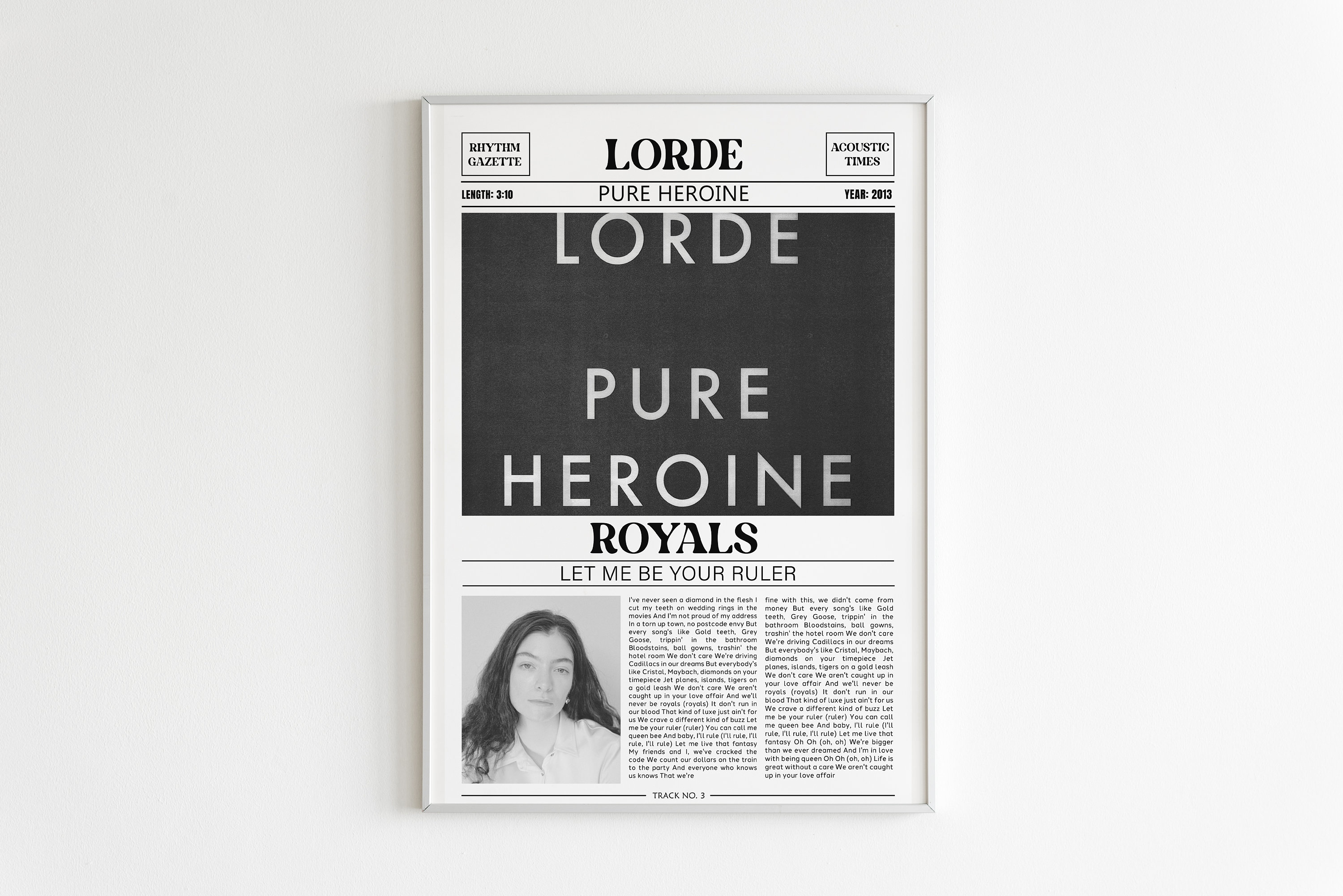 Lorde Retro Newspaper Print / Royals Poster / Lyrics Print / Pure ...
