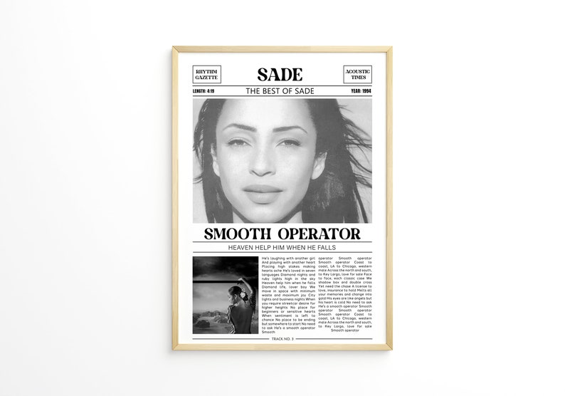 Sade Retro Newspaper Print / Smooth Operator Poster / Lyrics Print ...