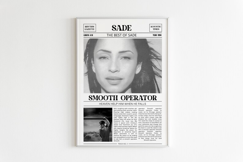 Sade Retro Newspaper Print / Smooth Operator Poster / Lyrics Print ...