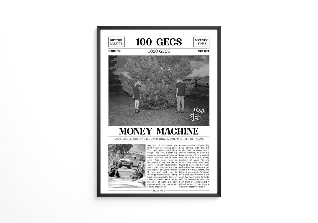 100 Gecs Retro Newspaper Print / Money Machine Poster / Lyrics Print ...