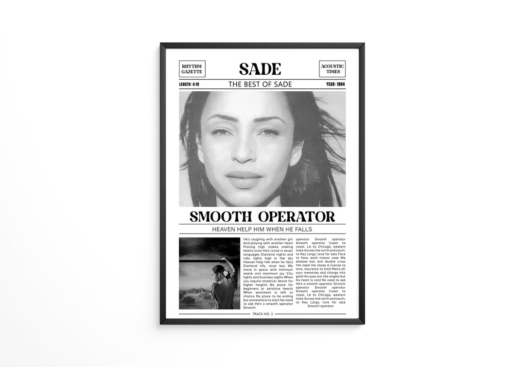 Sade Retro Newspaper Print / Smooth Operator Poster / Lyrics Print ...