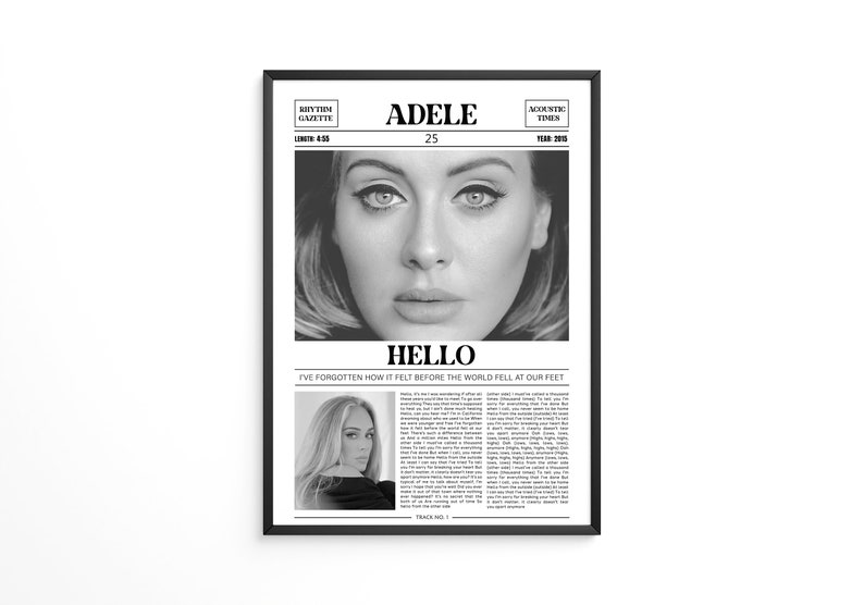 Adele Retro Newspaper Print / Hello Poster / Lyrics Print / Adele Merch ...