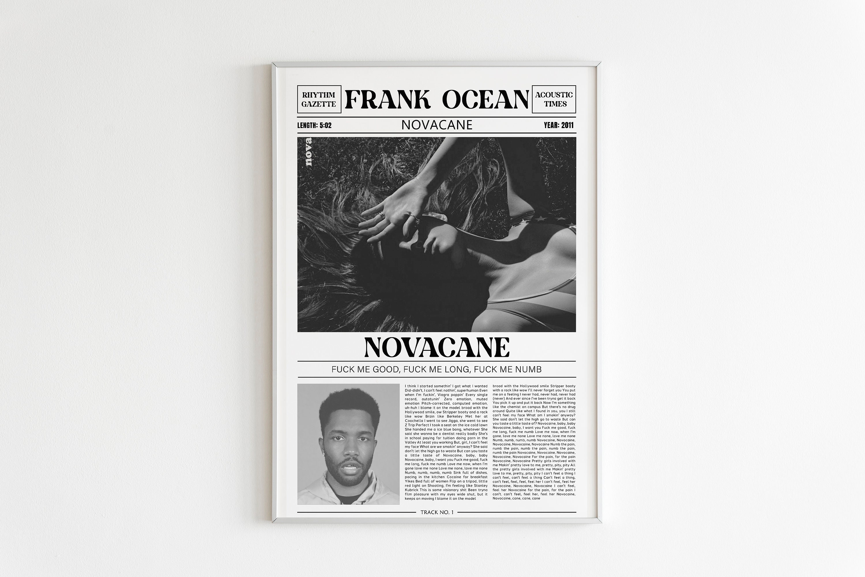 Frank Ocean Retro Newspaper Print / Novacane Poster / Lyrics Print ...