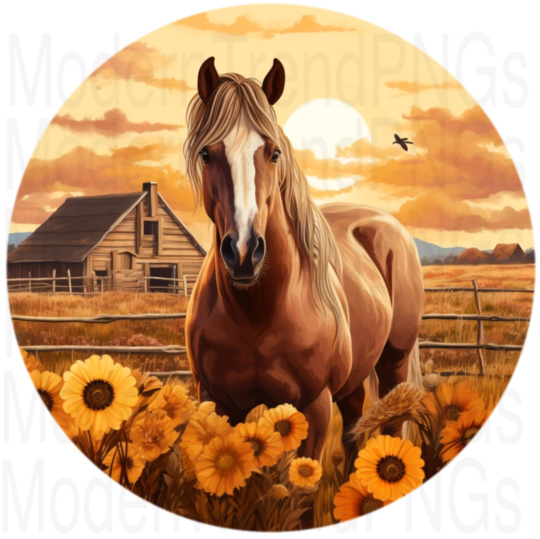 Horse Sunflowers Barn Farm Round Png Sublimation Digital Design ...