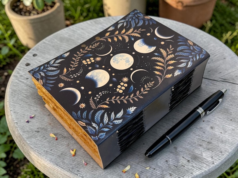 Moon Phase Leather Journal, Celestial Grimoire, Handmade Deckle Edge ...