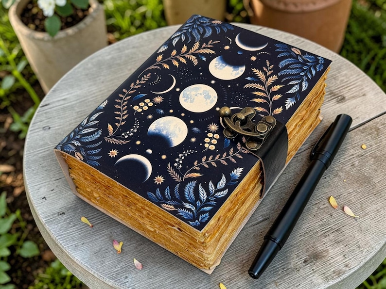 Moon Phase Leather Journal, Celestial Grimoire, Handmade Deckle Edge ...