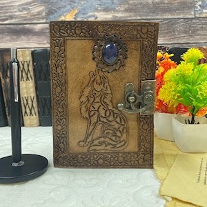 Leather Journal Writing Notebook Antique Handmade Howl Moon Stone Wolf ...