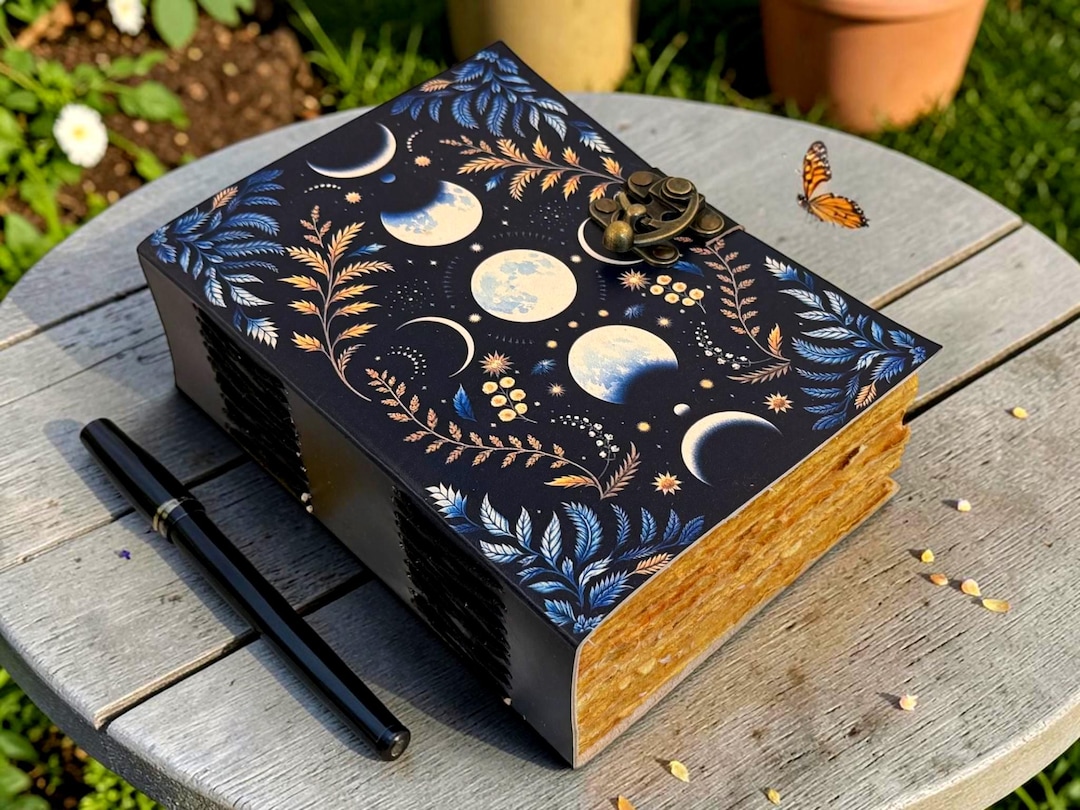 Moon Phase Leather Journal, Celestial Grimoire, Handmade Deckle Edge ...