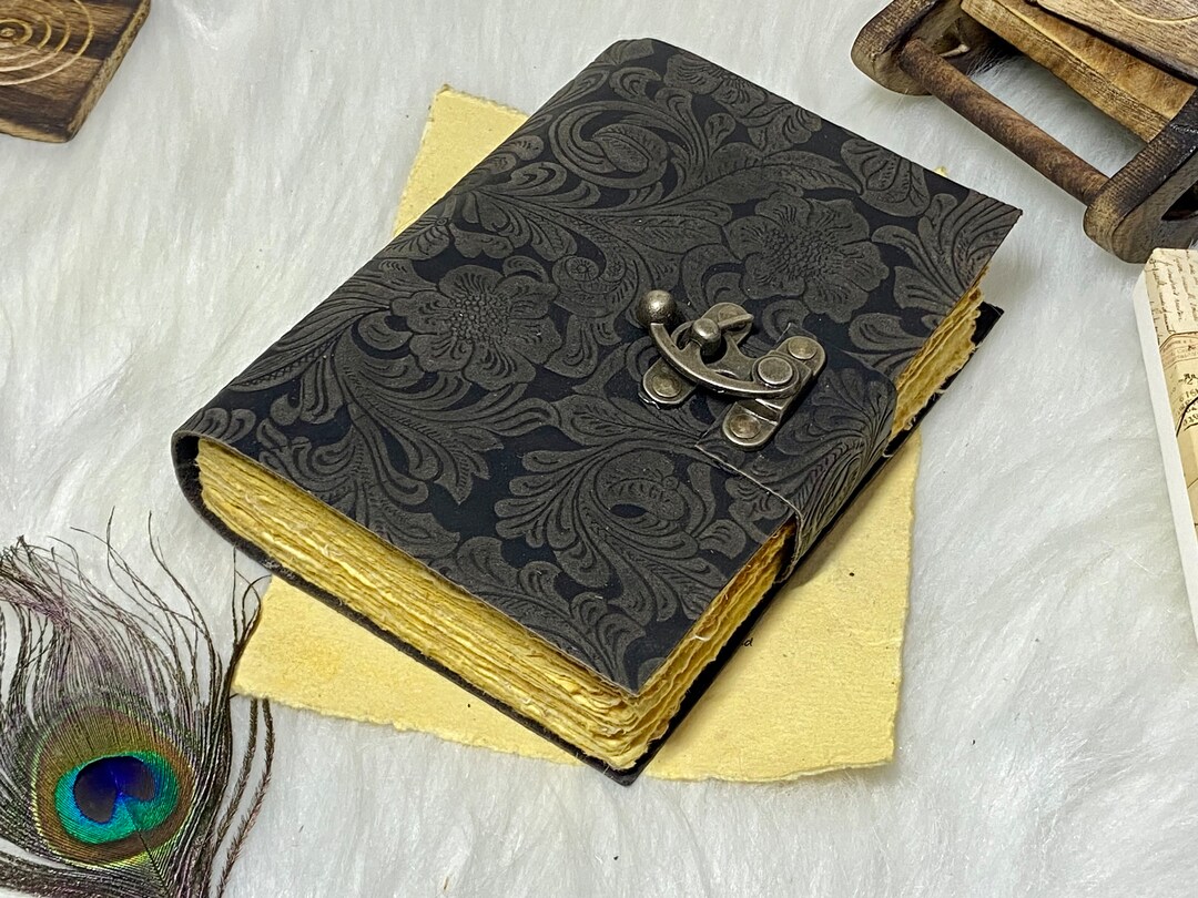 Floral Black Leather Grimoire Journal: Handmade Spellbook With Deckle ...