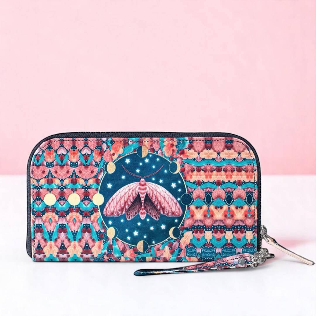 Luna Moth Leather Clutch Wallet – Boho Moon Phases Wristlet, Handmade ...