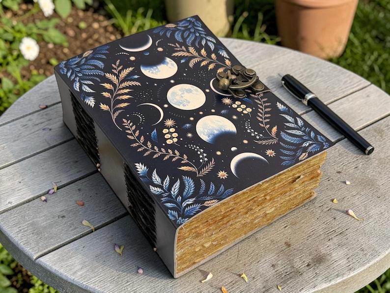 Moon Phase Leather Journal, Celestial Grimoire, Handmade Deckle Edge ...