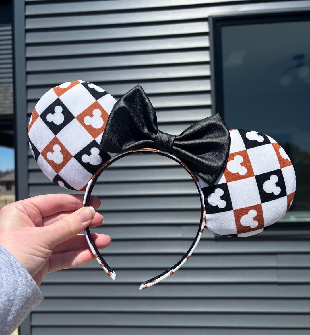 Checkered Minnie Mouse Ears, Large Print, Faux Leather Bow - Etsy