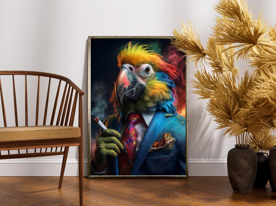 Parrot in Suit Canvas Wall Art, Smoking Parrot Canvas Print, Surreal ...