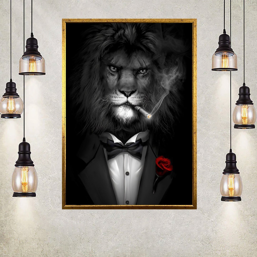 Lion in Suit Canvas Print, Smoking Lion Canvas Wall Art, Mafia Wall Art ...