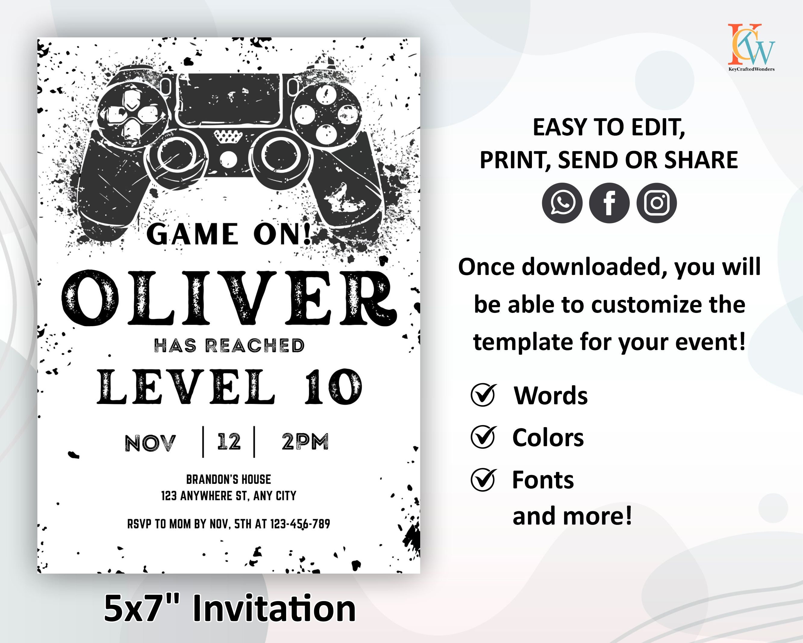 Editable Video Gaming Birthday Invitation, Gamer Invitation, 5x7 ...