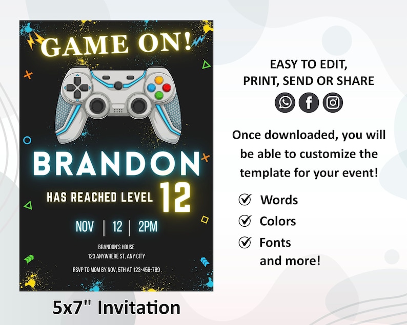 Video Game Birthday Invitation, Glow Boy Gamer Party Invite Level up ...