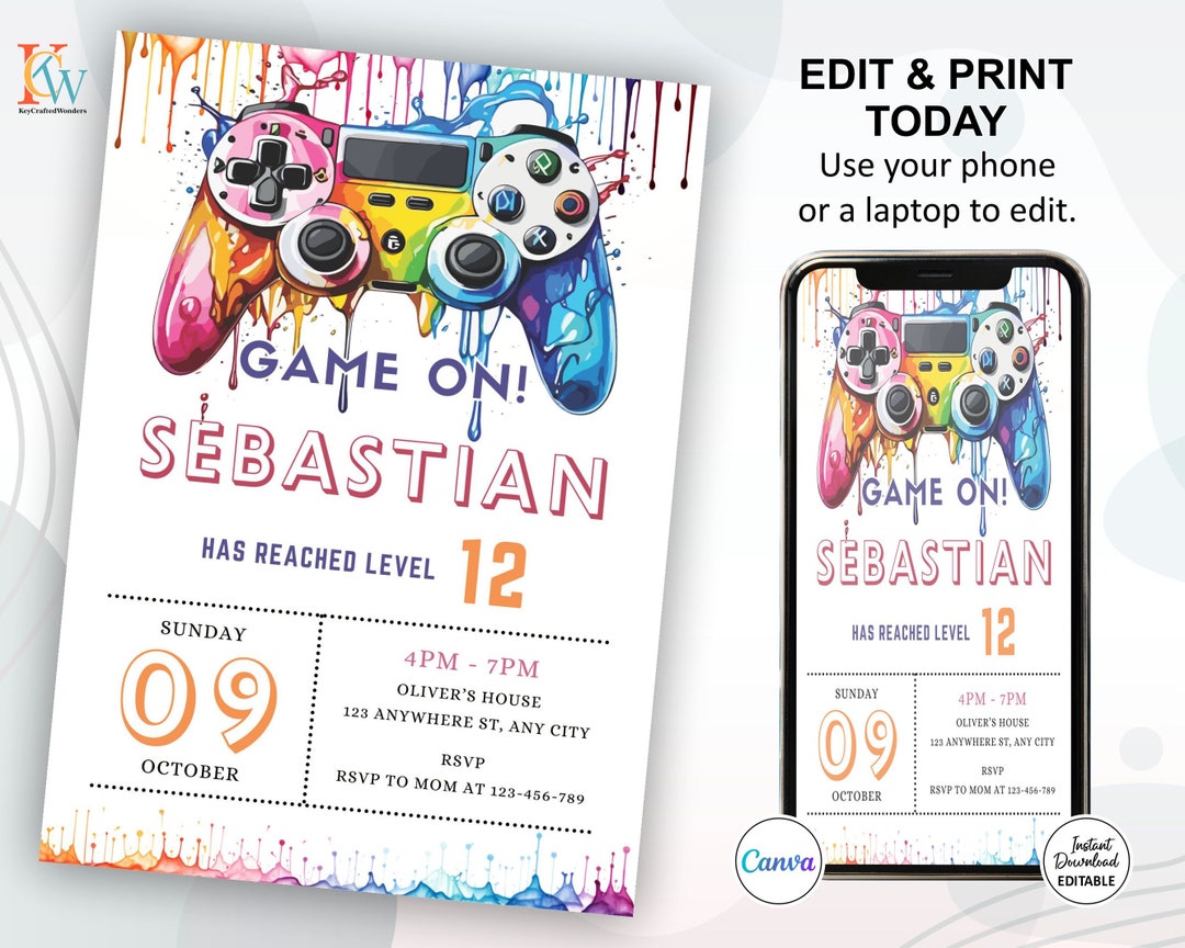 Editable Video Game Birthday Invitation Template,neon Glow, Gamer ...