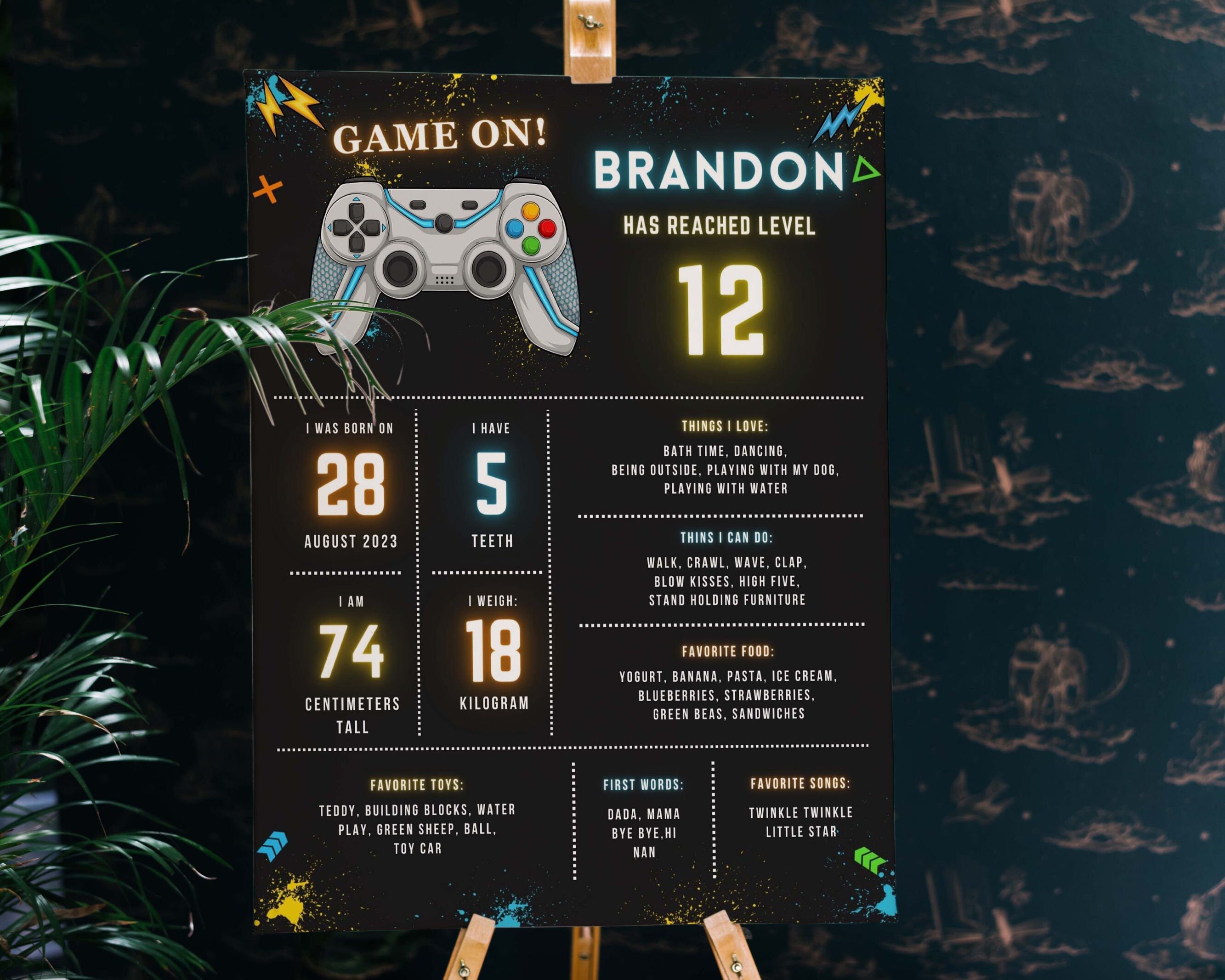 Editable Gaming Birthday Invitation Neon Glow Gamer Party Invite 16x20 ...