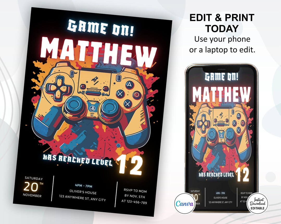 Editable Gaming Birthday Invitation, Gamer Invitation, 5x7 Editable ...