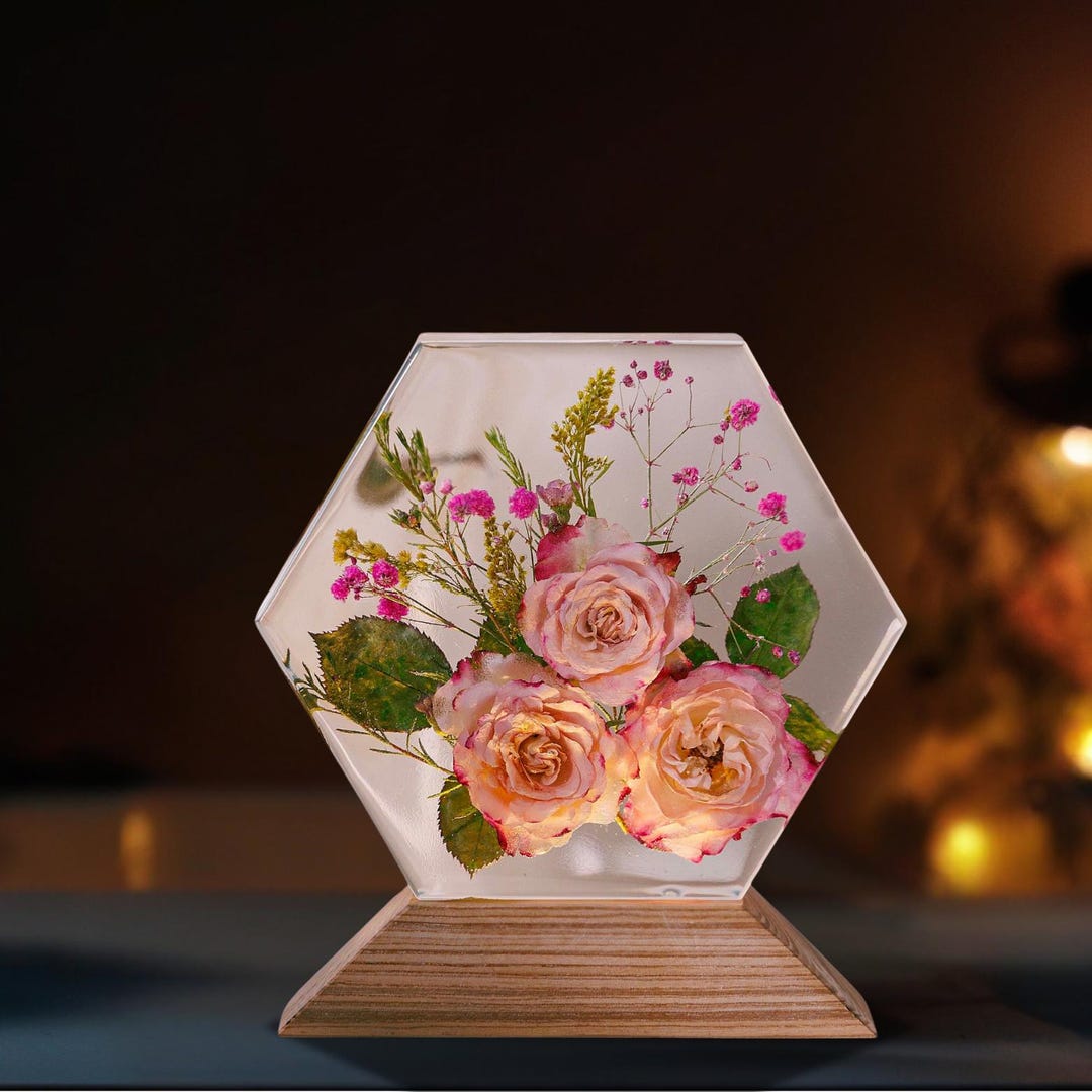 Hexagon Rose Flower Epoxy Lamp, Custom Real Roses Lamp, Personalized ...