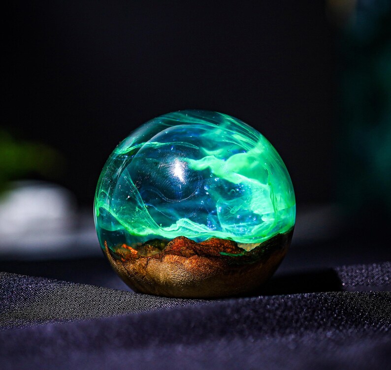 Swirling Aurora Globe Epoxy Lamp With Wooden Base, Led Sphere Resin ...