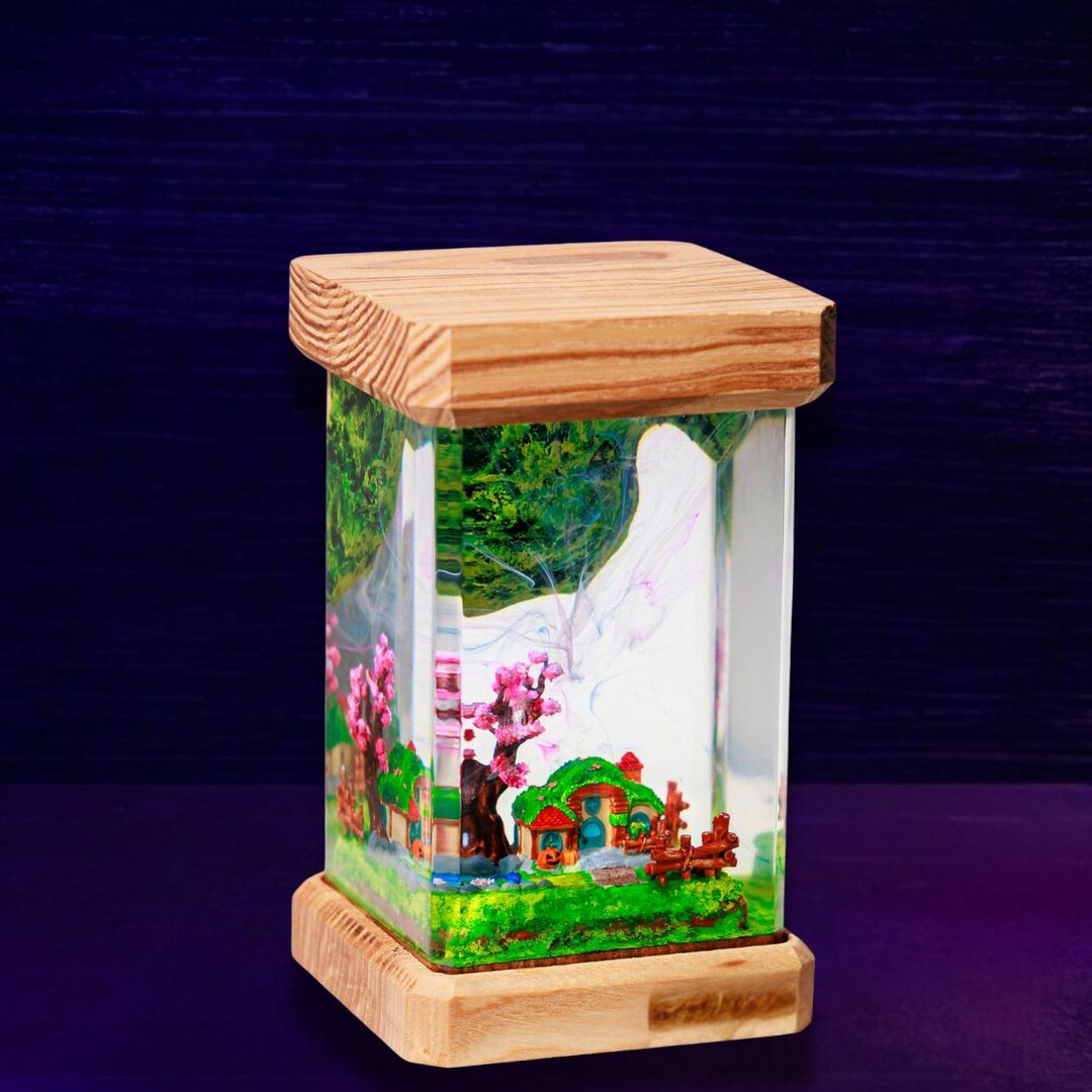 Fantasy Hobbit House Resin Lamp, Cherry Blossom Trees Night Light ...