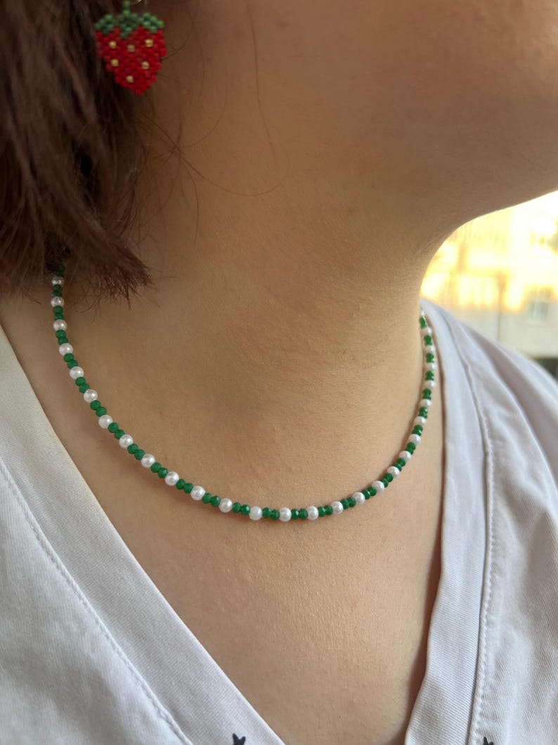 Handmade White Pearl & Green Crystal Bead Necklace - Minimalist Jewelry ...