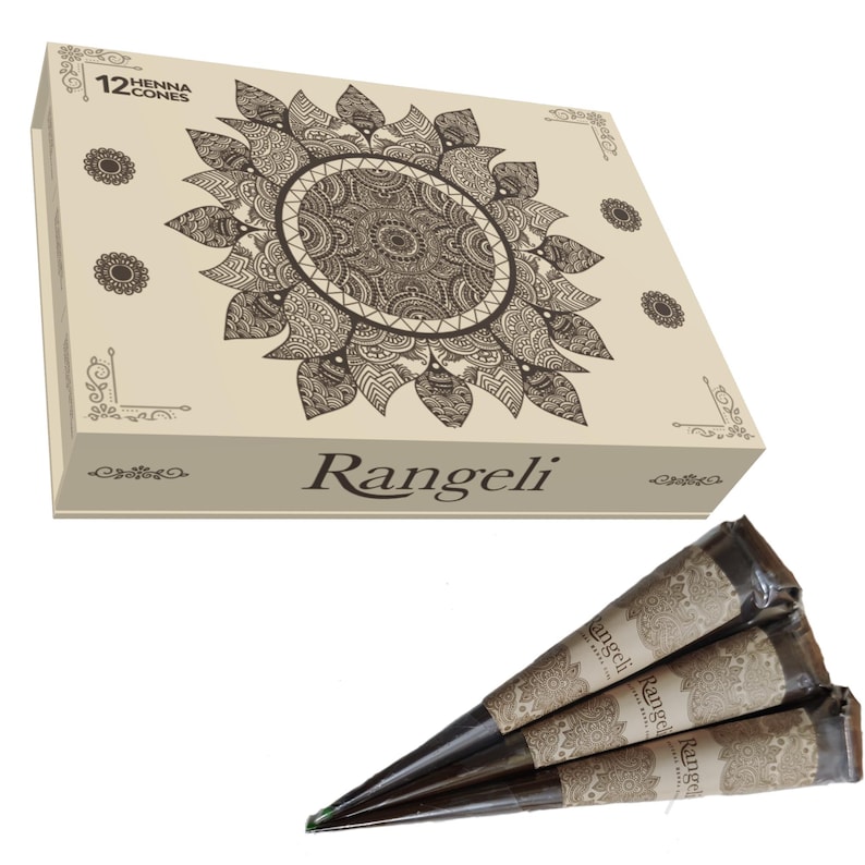 12 Rangeli 100% Natural Henna Cones With Stencil Kit | Temporary Tattoo ...