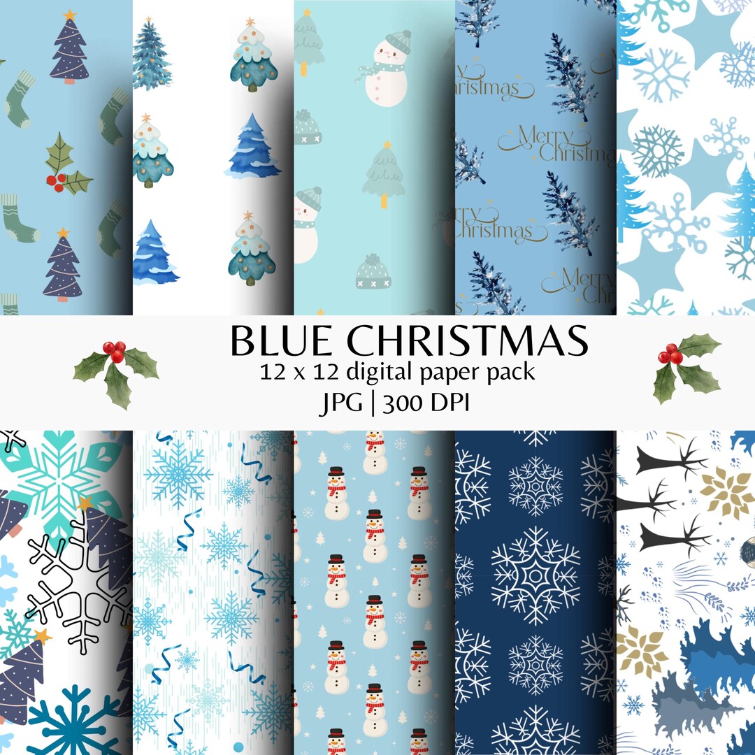 Blue Christmas Digital Paper, Printable Christmas Paper, Blue Digital ...