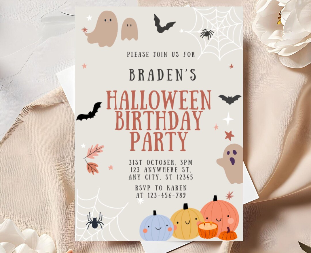 Cute Halloween Birthday Party Invitation Template, Editable Halloween ...