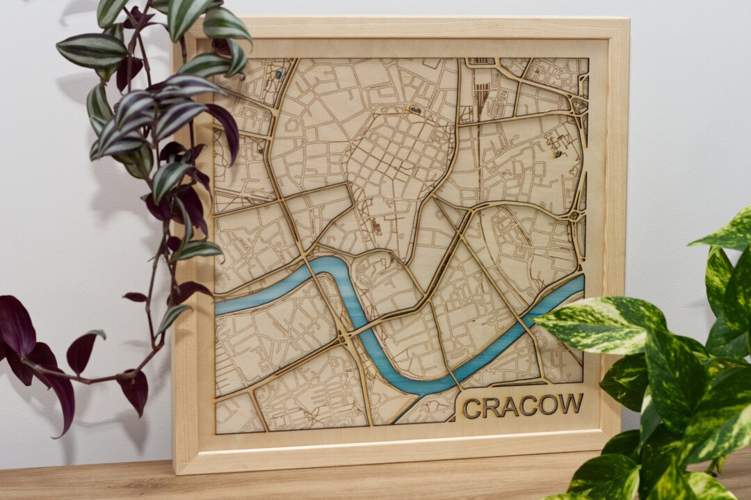 Cracow Wooden Map Large 41x41cm Wooden City Map Custom Made Map Framed ...