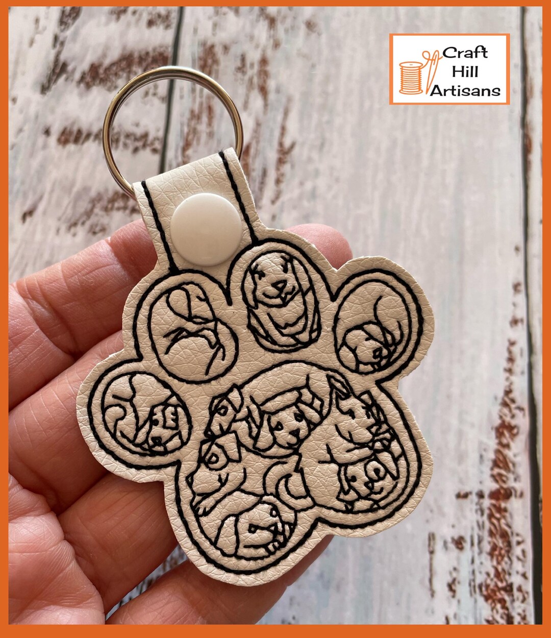 Dog Paw Key Ring Key Fob Bag Tag, White Vinyl Leatherette With Black ...