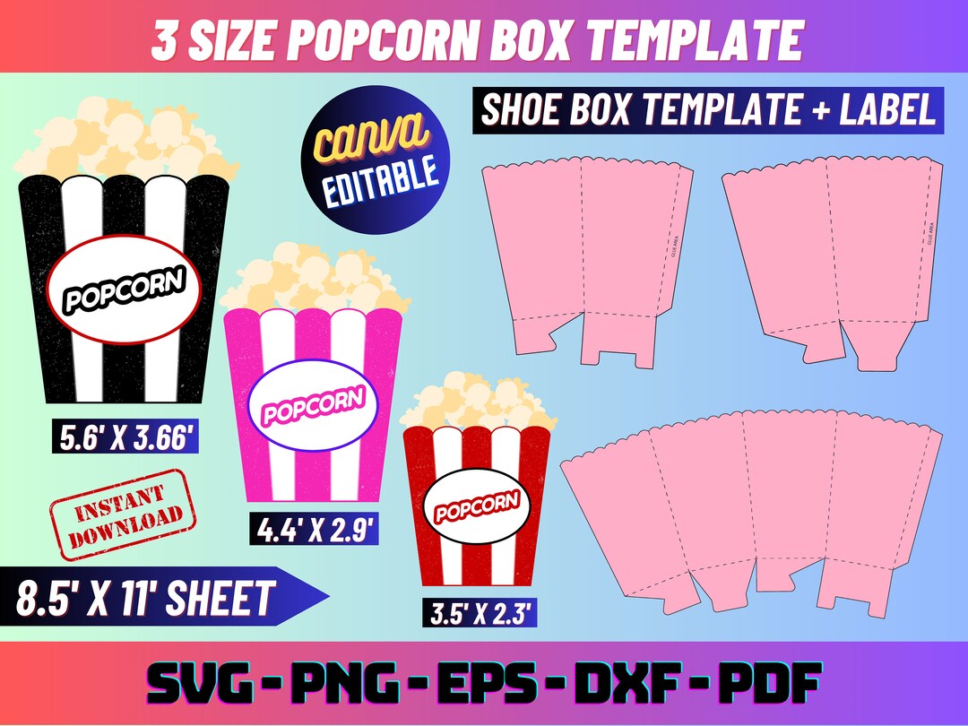 Popcorn Box Template, Popcorn Box Bundle, Popcorn Box Svg, Party Favors ...