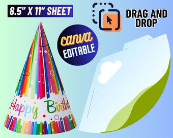 Party Cone Hat Template Svg, Paper Hat Template, No Glue Party Hat Template, Canva Editable ...
