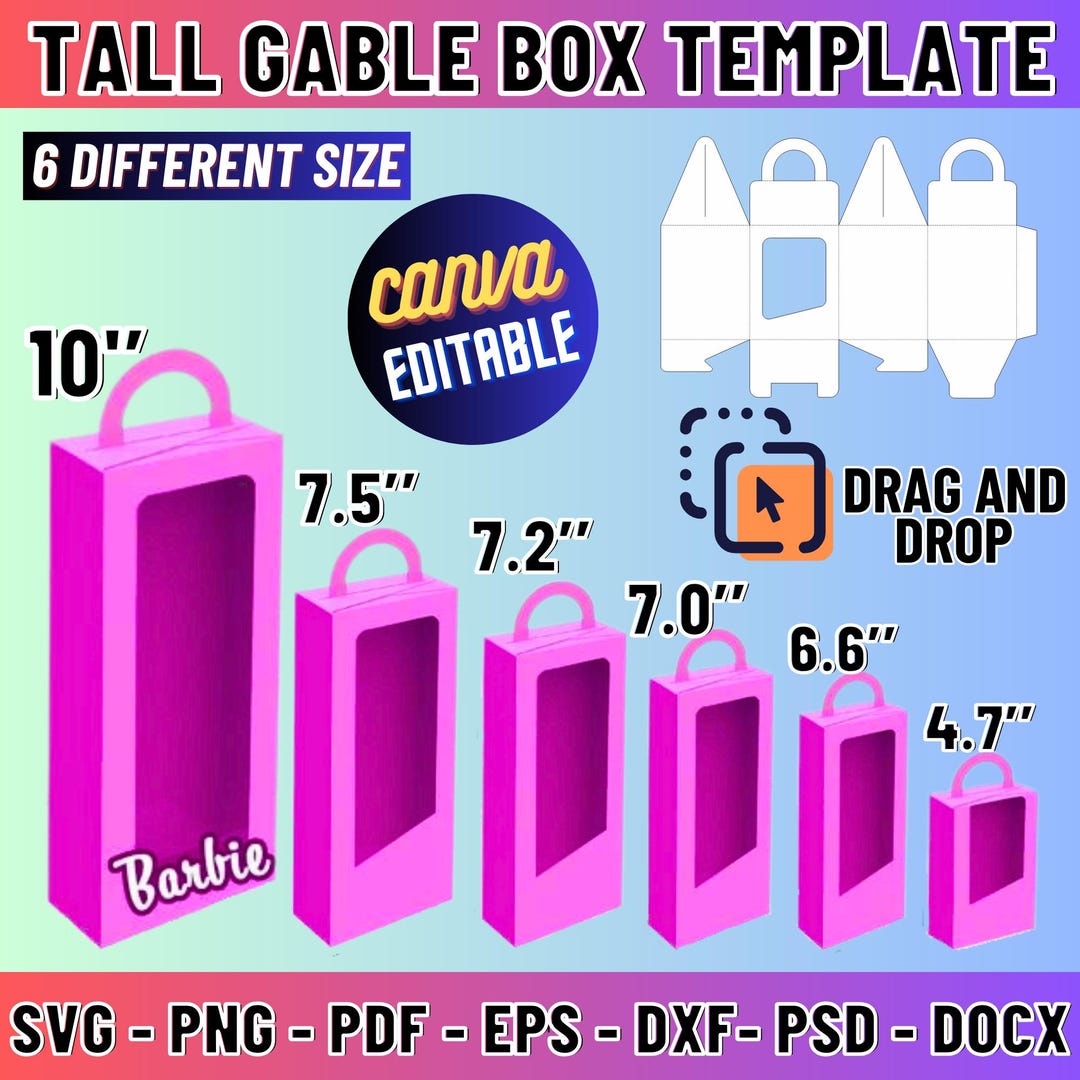 6 Size Tall Gable Box Template, Doll Box Template, Gift Box Template ...