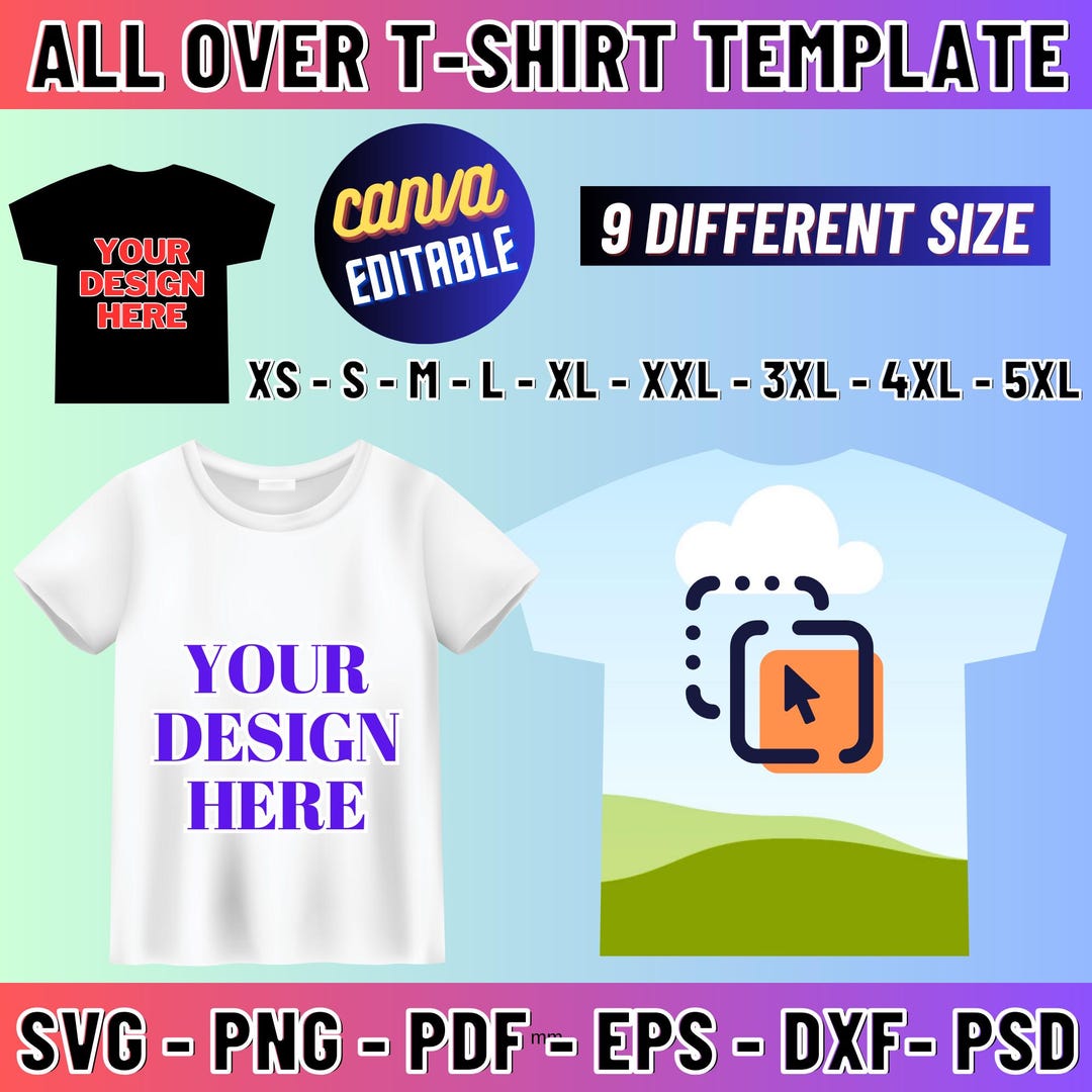 All Over T-shirt Template, 9 Size Tshirt Template Bundle, T-shirt ...