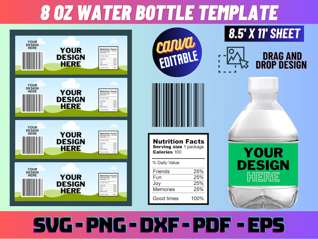 8 Oz Water Bottle Template, Water Bottle Sticker, Water Bottle Label Template, Party Favors ...