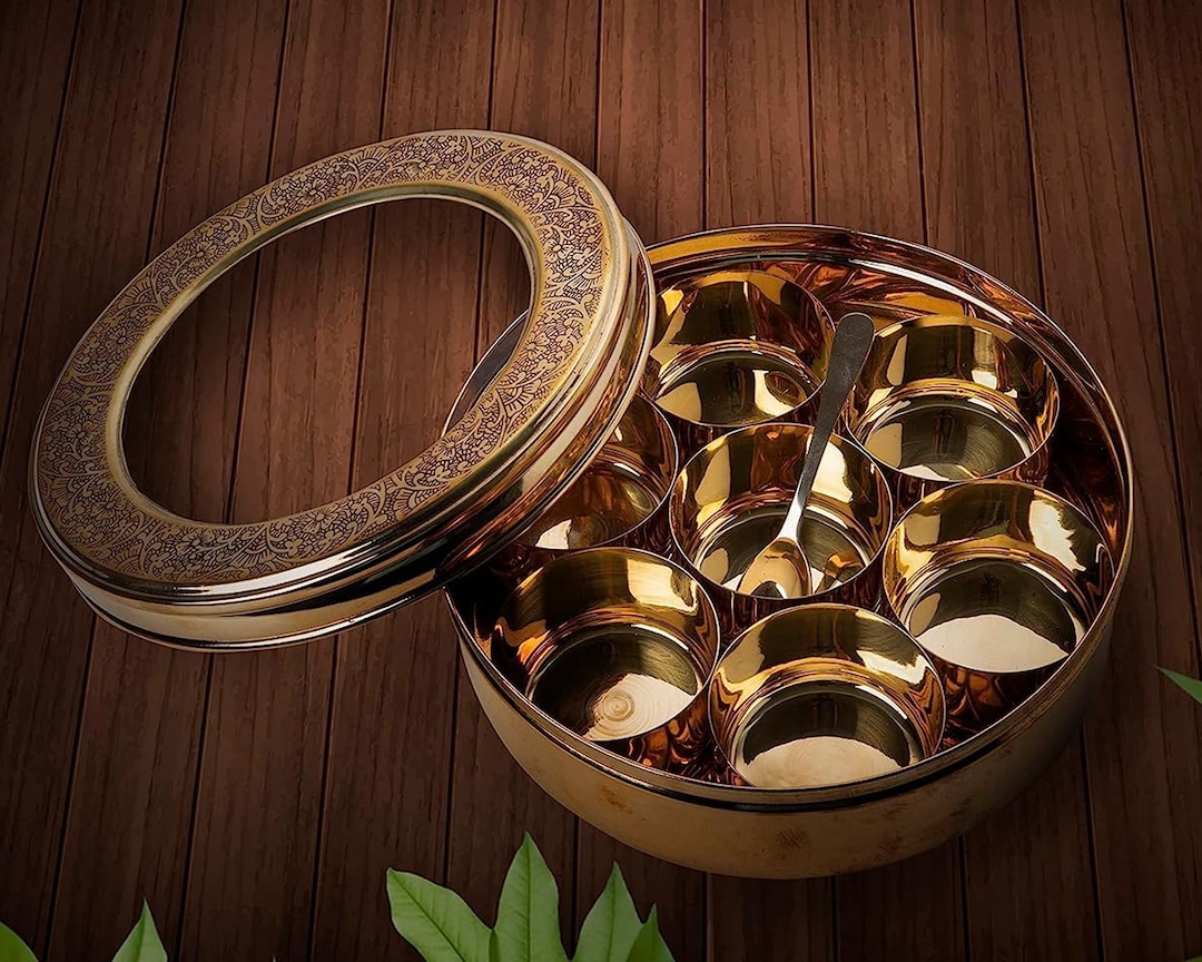 Pure Handcrafted Brass Spice Box Set for Kitchen With Spoon Brass ...