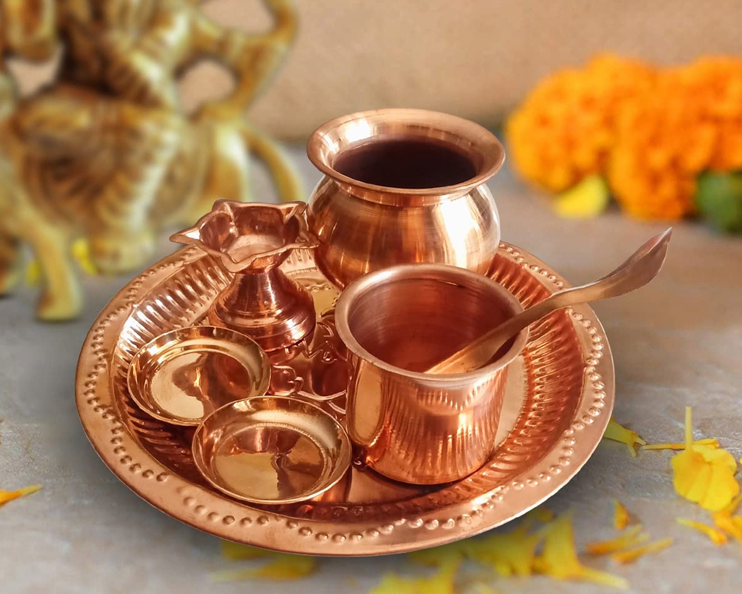 Indian Traditional Copper Pooja Thali Set of 7 Pcs, Panch Patra, Copper ...