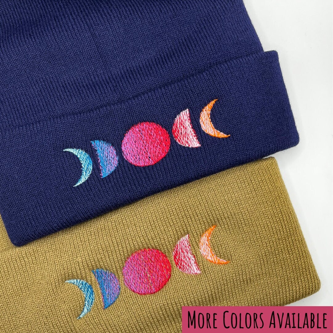 Moon Phase Embroidered Beanie, More Beanie Color Options, Moon Hat ...