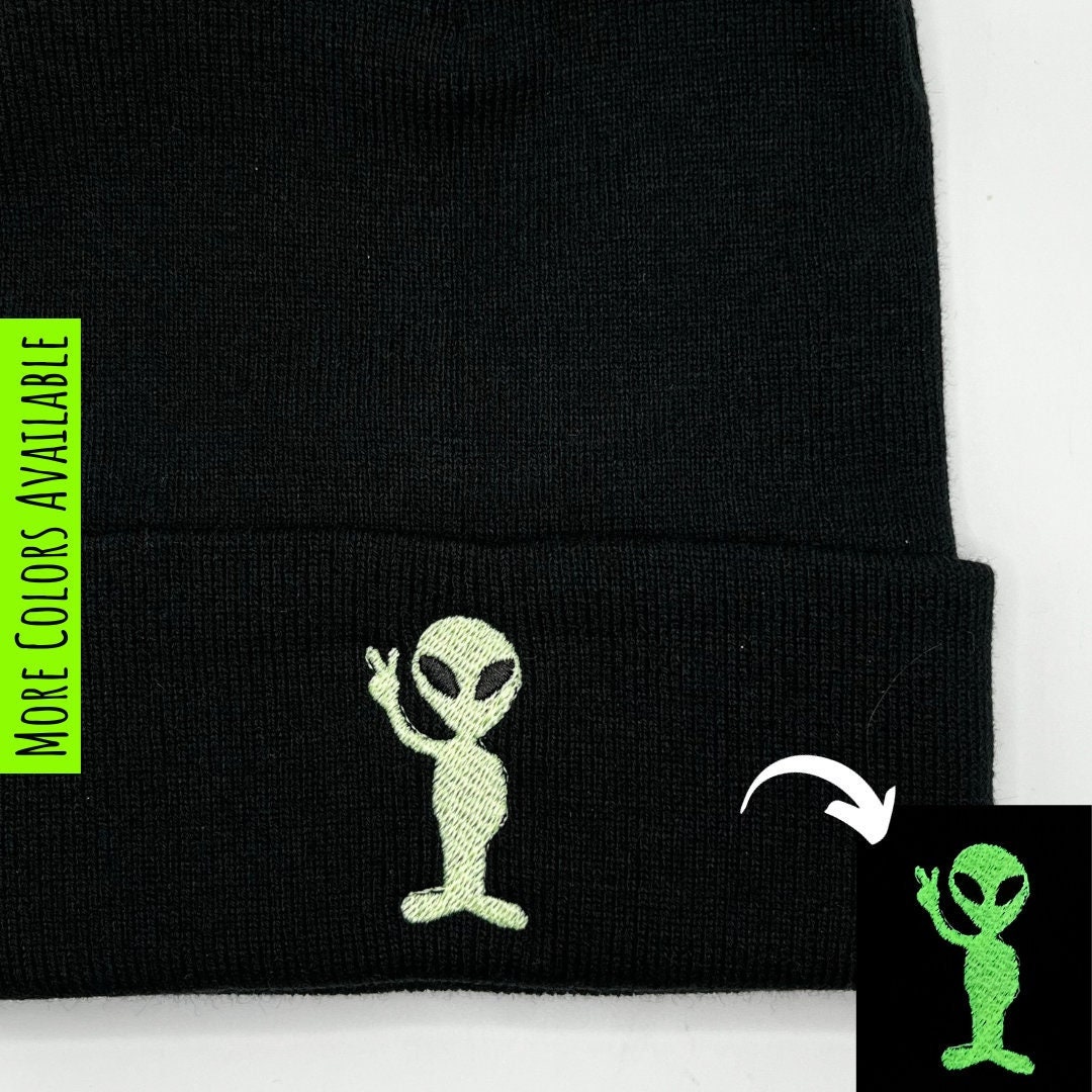 Peace Alien Embroidered Glow in the Dark Beanie, Colors Customizable ...