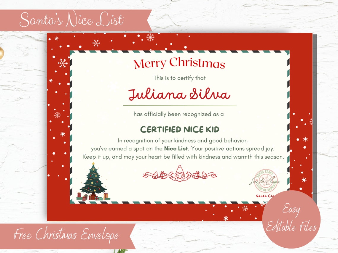 Editable Santa Claus Official Nice List Certificate With Free Envelope ...