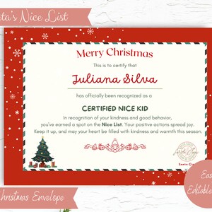Editable Santa Claus Official Nice List Certificate With Free Envelope ...