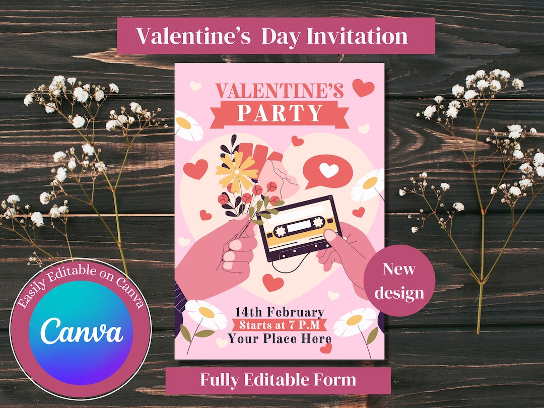EDITABLE Valentine's Day Party Invitation Pink Animated, Happy ...
