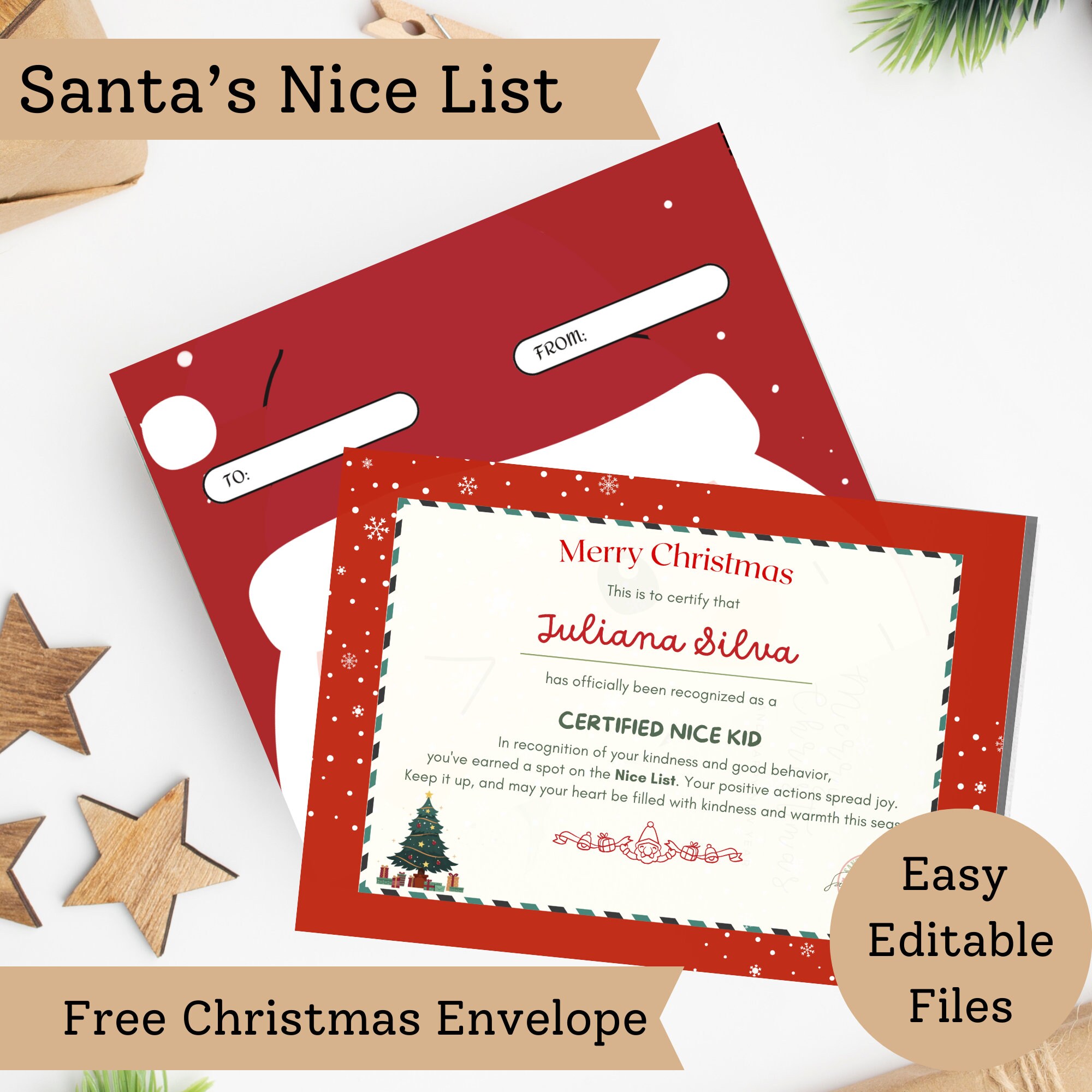 Editable Santa Claus Official Nice List Certificate With Free Envelope ...