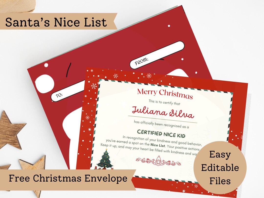 Editable Santa Claus Official Nice List Certificate With Free Envelope ...