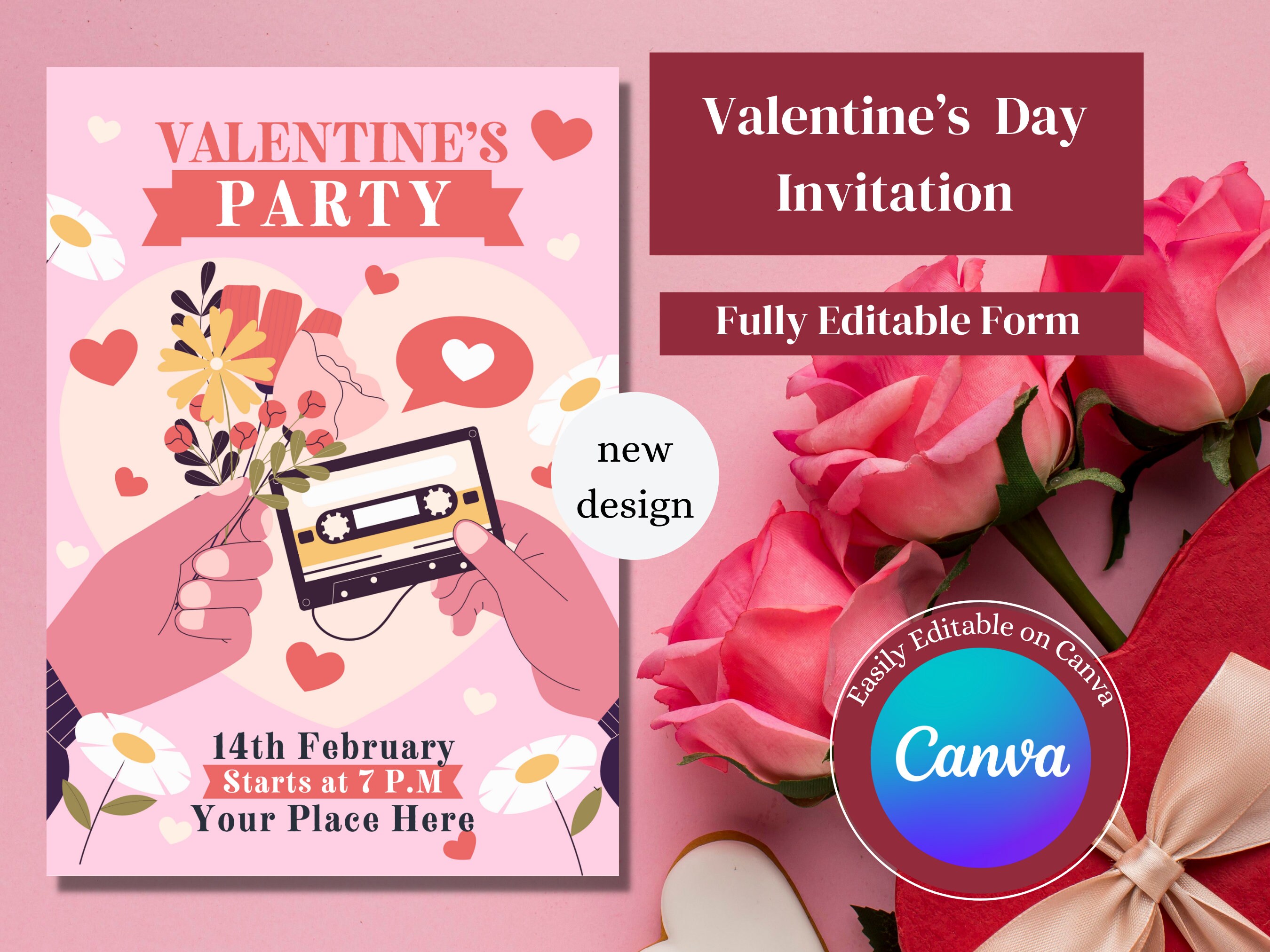 EDITABLE Valentine's Day Party Invitation Pink Animated, Happy ...
