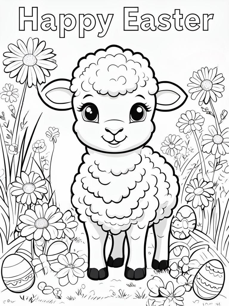 Easter Egg Bunny Chick Lamb Coloring Pages Happy Easter Children and ...
