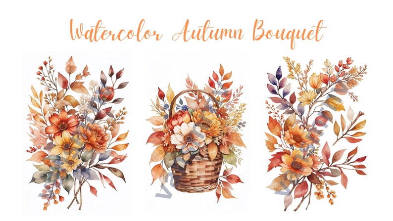 Watercolor Autumn Bouquet Clipart, 25 High Quality Jpgs, Different ...